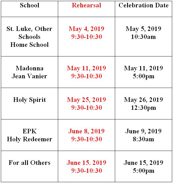 First Communion Schedule - Our Lady of Perpetual Help Parish